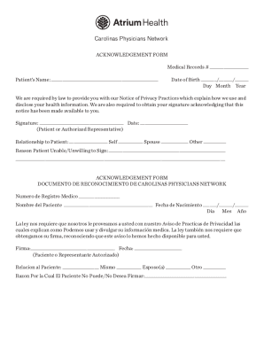 Completable En línea Carolinas Physicians Network ACKNOWLEDGEMENT FORM ...