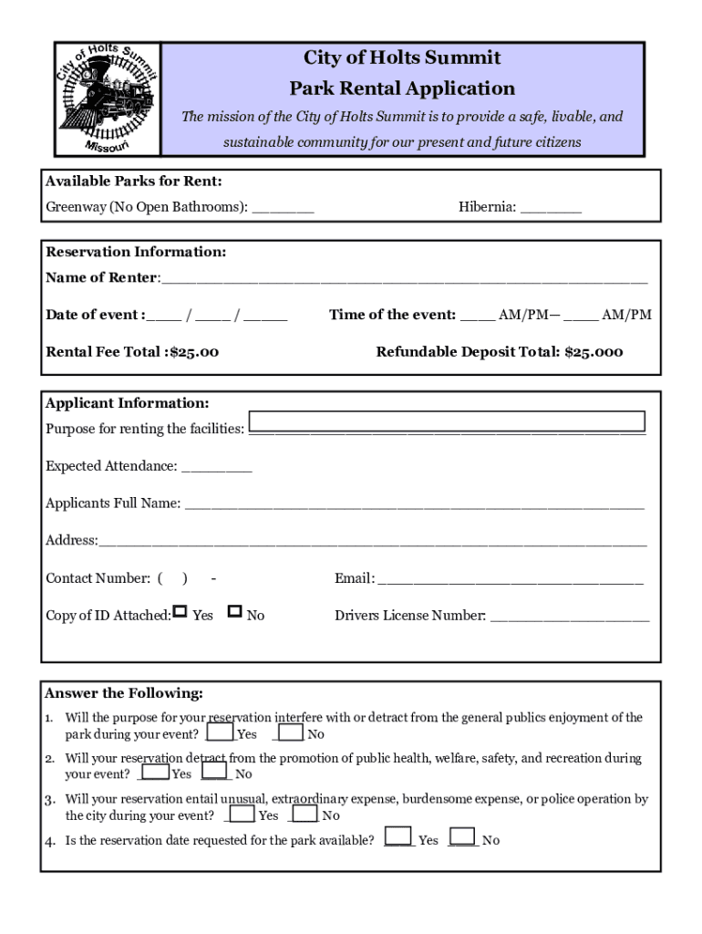 Fillable Online City of Holts Summit Baseball Field Rental Application ...