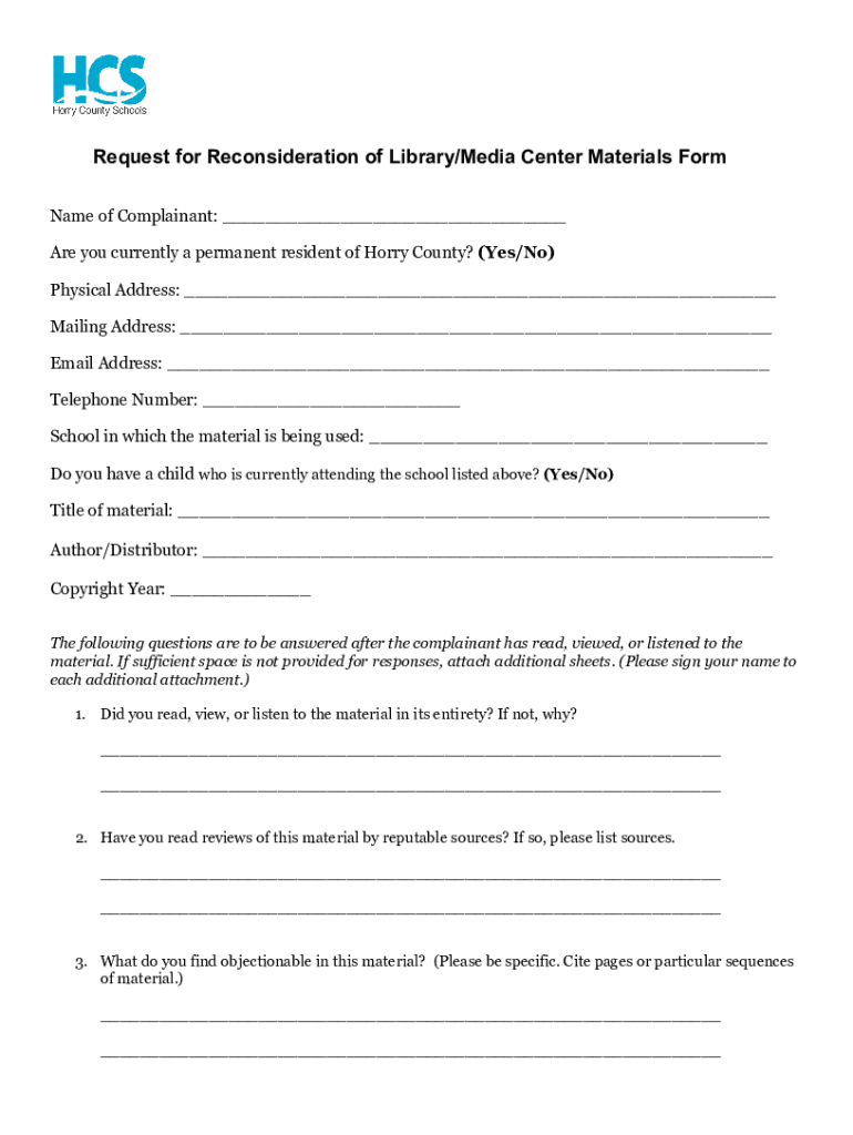 Fillable Online Request for Reconsideration of Library/Media Center Materials Form Fax Email ...