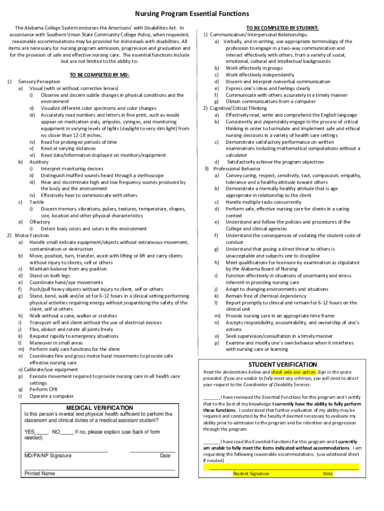 Fillable Online Nursing Program Essential Functions Fax Email Print ...