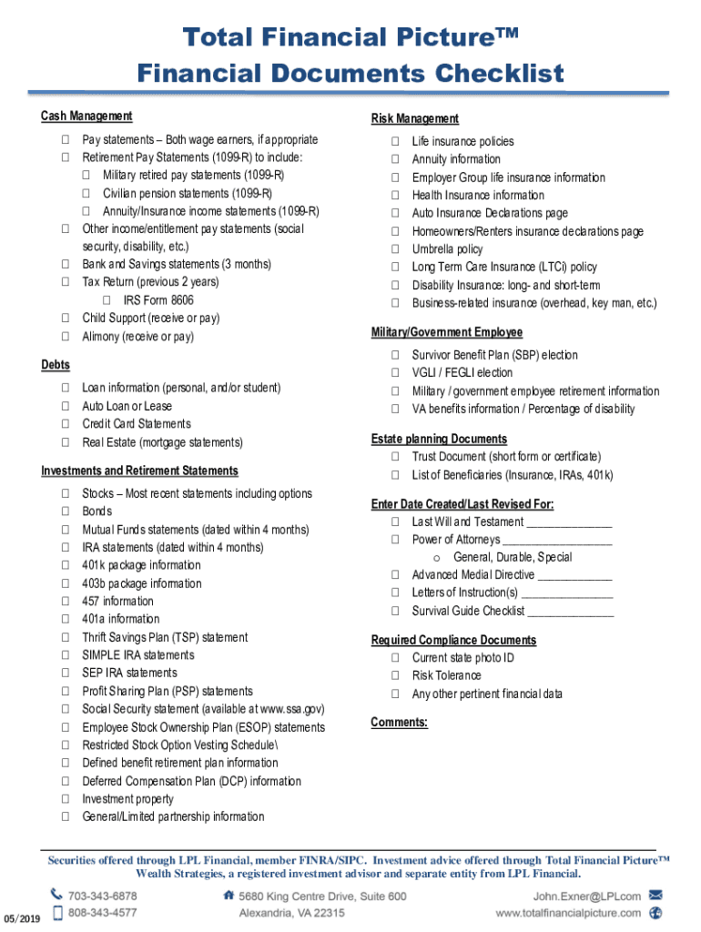 Fillable Online Total Financial Picture Financial Documents Checklist Fax Email Print - pdfFiller