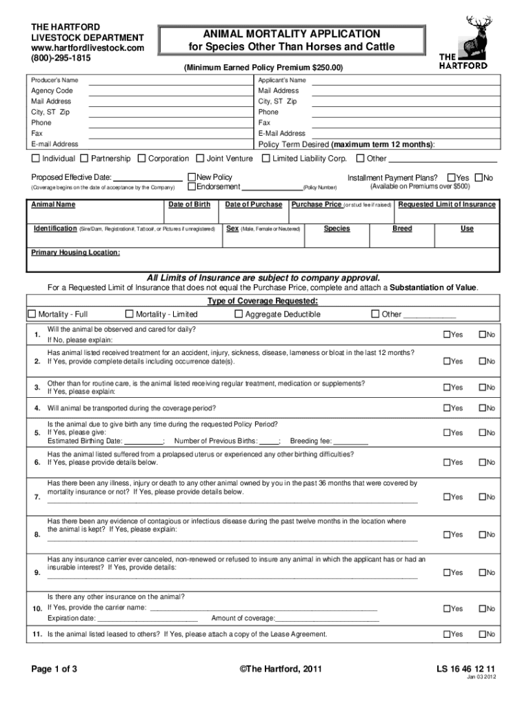 Fillable Online ANIMAL MORTALITY APPLICATION for Species Other Than ...