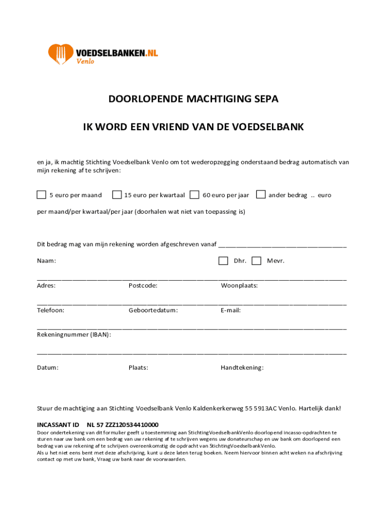 Invulbaar Online DOORLOPENDE MACHTIGING SEPA IK WORD EEN ... Faxnummer ...
