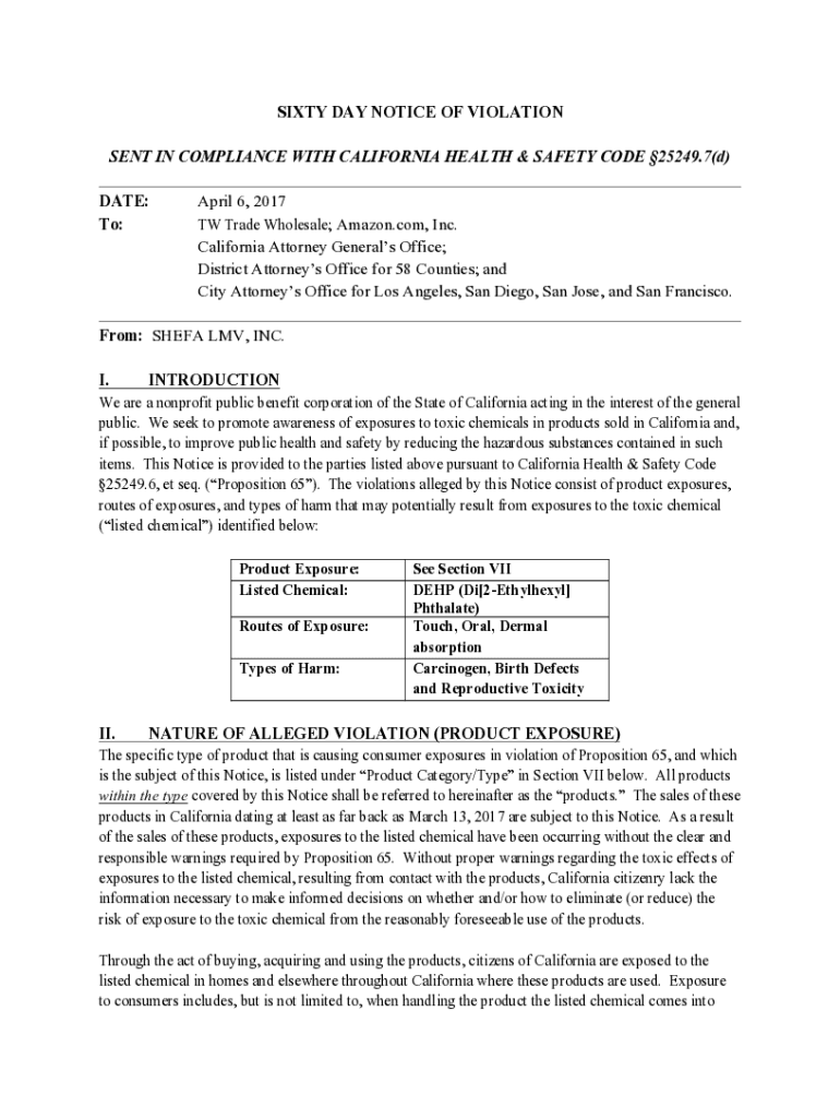 Fillable Online oag ca Notice of Violation Sent in Compliance with California Health ... Fax ...