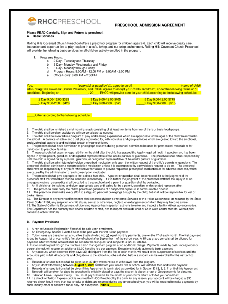 Fillable Online PRESCHOOL ADMISSION AGREEMENT Fax Email Print - pdfFiller