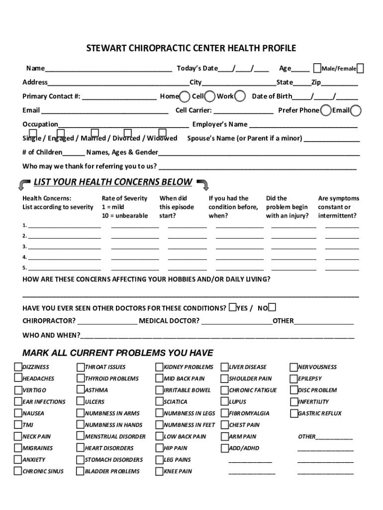 Fillable Online Stewart Chiropractic Center Health Profile Fax Email Print - pdfFiller