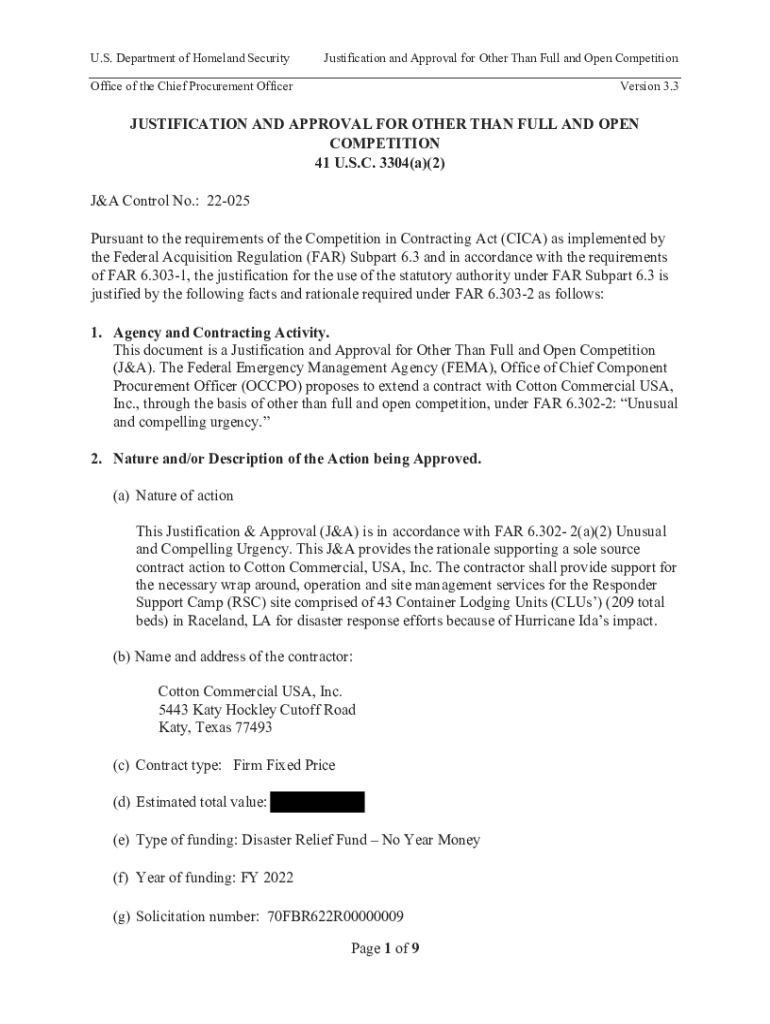 Fillable Online Justification and Approval for Other Than Full and Open ...