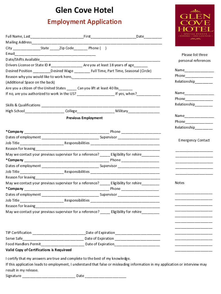 Fillable Online Employment Opportunities - Glen Cove Hotel - Onset, MA ...