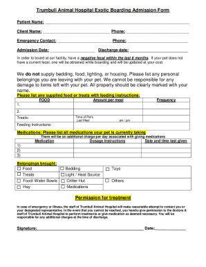 Fillable Online Trumbull Animal Hospital Exotic Boarding Admission Form Fax Email Print - pdfFiller