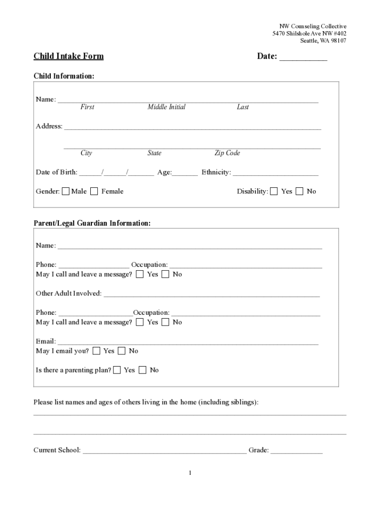 Fillable Online Child Intake Form NWCC Fax Email Print - pdfFiller