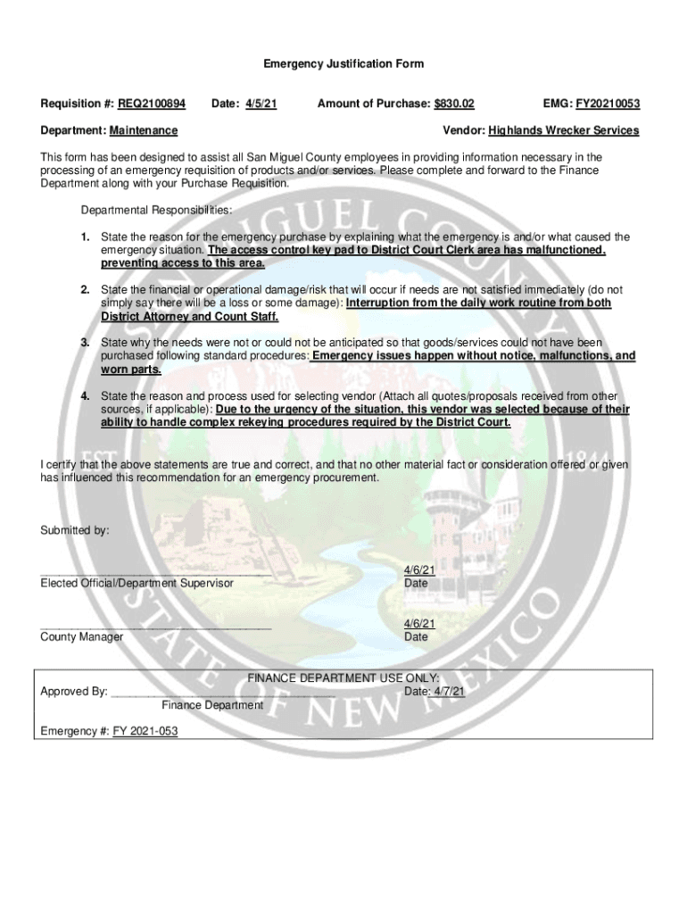 Fillable Online Emergency Justification Form Requisition #: REQ2100894 ... Fax Email Print ...