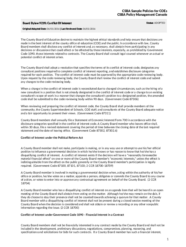 Fillable Online Board Bylaw 9270 Conflict Of Interest Fax Email Print - pdfFiller