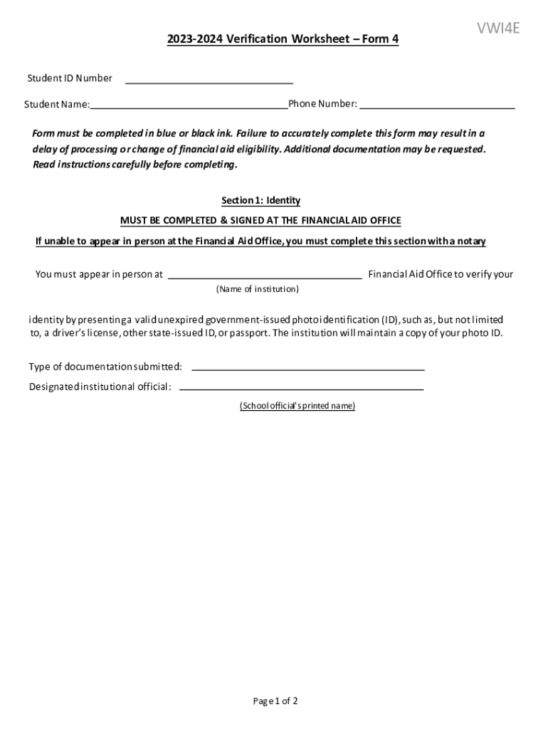 Fillable Online 2023-2024 Verification Worksheet for Independent ...