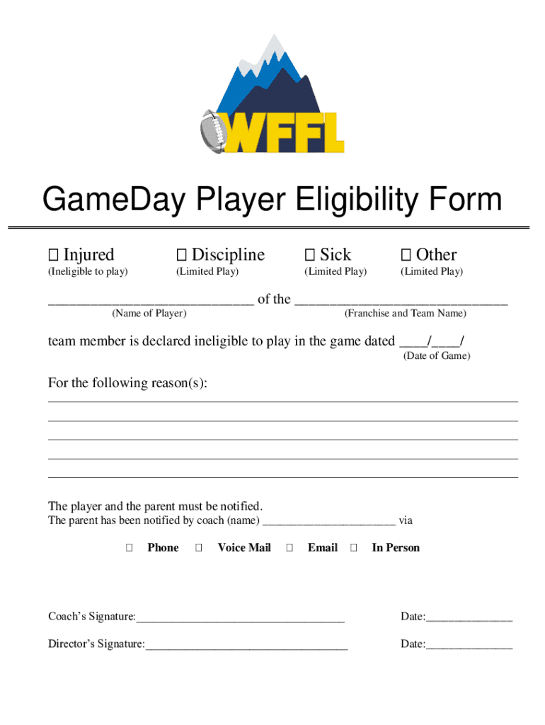 Fillable Online GameDay Player Eligibility Form Fax Email Print - pdfFiller