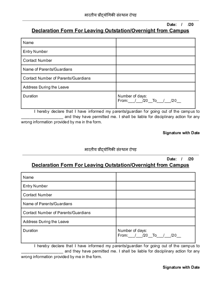 Fillable Online Declaration Form For Leaving Outstation/Overnight from ...