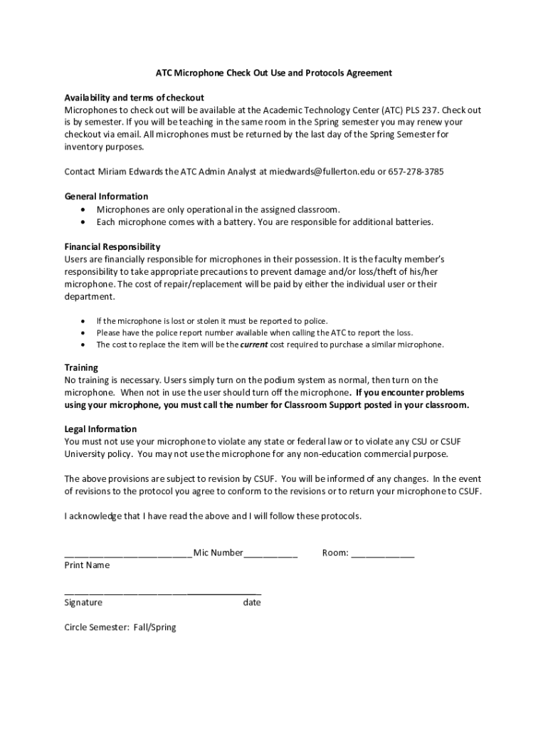 Fillable Online ATC Microphone Check Out Use and Protocols Agreement ...