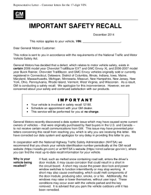 Fillable Online General Motors has decided that a defect, which relates ...