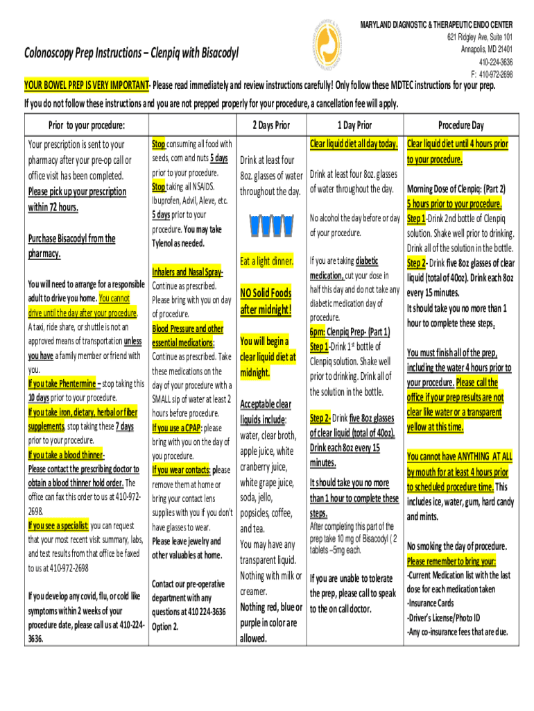 Fillable Online Clenpiq with Bisacodyl - Colonoscopy Prep Instructions ...