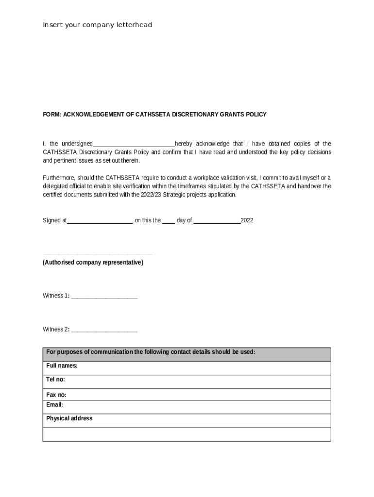 Acknowledgment of DG Policy - cathsseta org Doc Template | pdfFiller