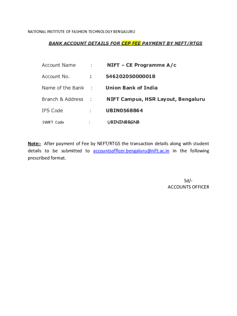 Fillable Online bank account details for remittance of fee by neft/rtgs ...