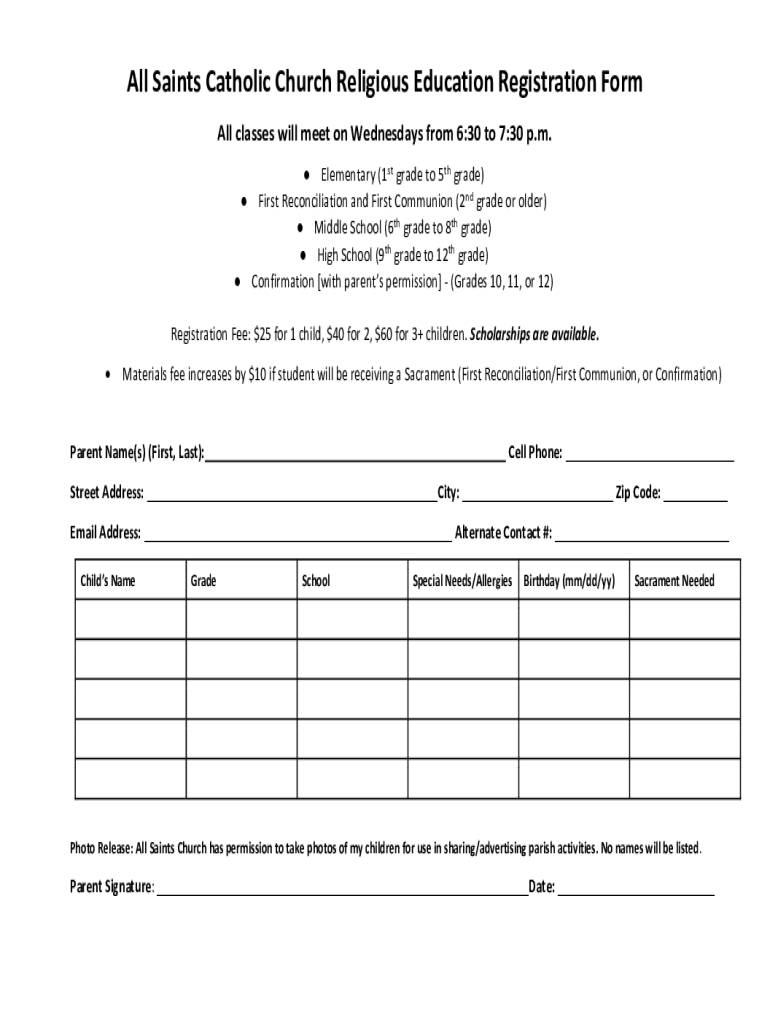 Fillable Online Saints Catholic Church Religious Education Registration ...