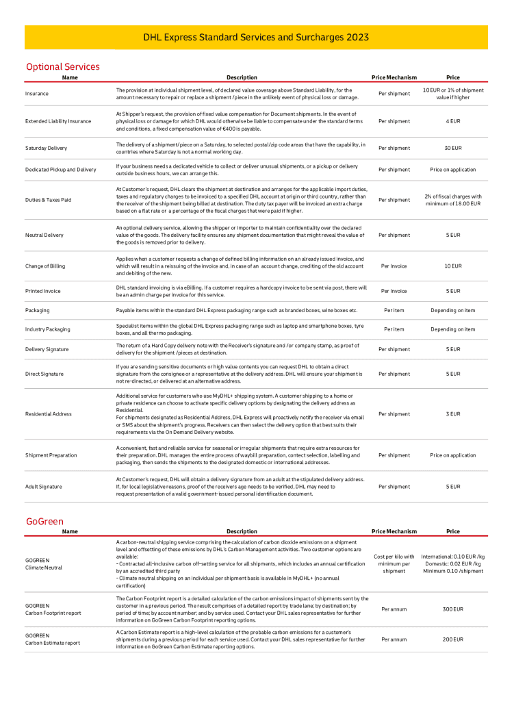 Fillable Online DHL Express Standard Services and Surcharges 2023 Fax Email Print - pdfFiller