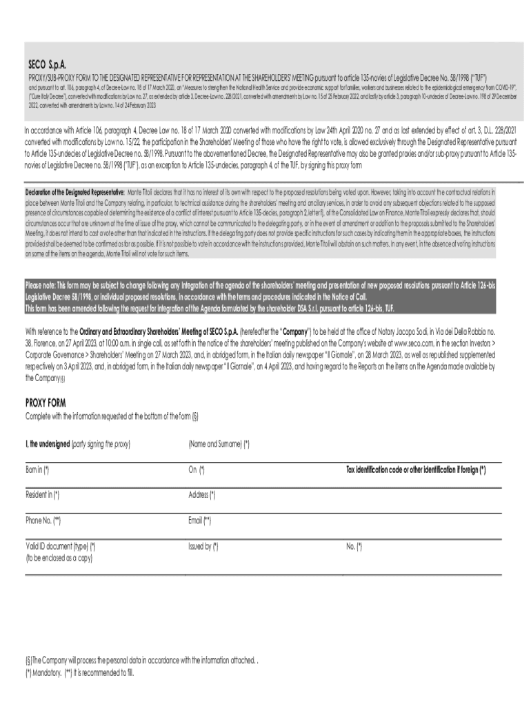 Fillable Online SECO S.p.A. PROXY FORM Fax Email Print - pdfFiller