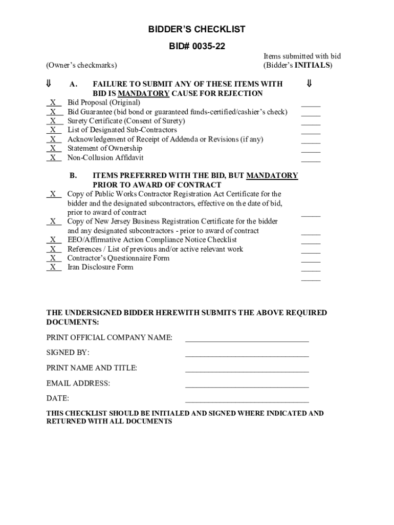 Fillable Online Checklist for Preparation of Bid Requests Fax Email ...