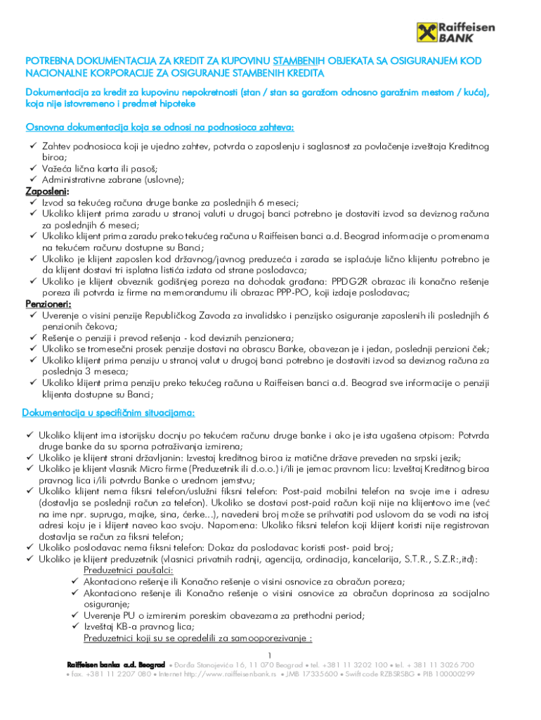 Fillable Online potrebna dokumentacija za kredit za kupovinu stambenih ...