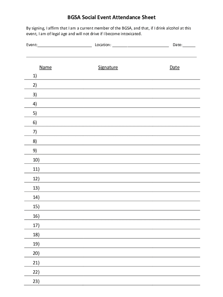 Fillable Online BGSA Social Event Attendance Sheet Fax Email Print ...