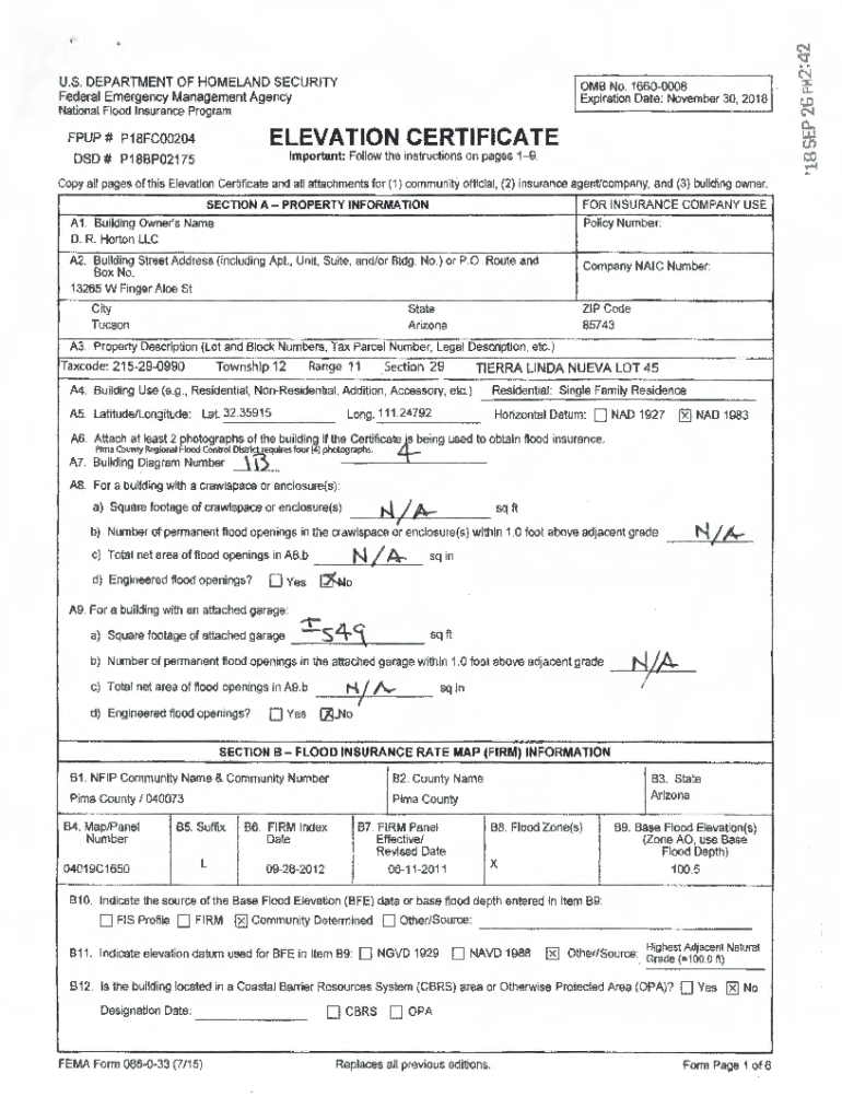 Fillable Online rfcd pima ELEVATION CERTIFICATE NLA-- - Regional Flood ...