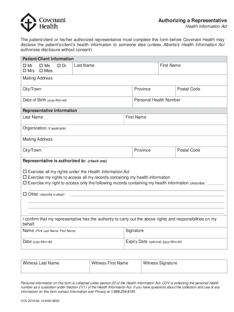 Fillable Online Authorizing a Representative Health Information Act ...
