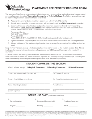 Fillable Online PLACEMENT RECIPROCITY STUDENT REQUEST FORM Fax Email Print - pdfFiller