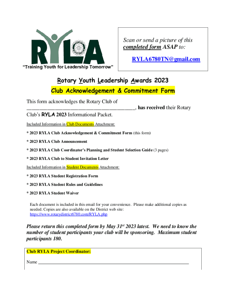 Fillable Online ROTARY YOUTH LEADERSHIP AWARD (RYLA) APPLICATION Fax ...