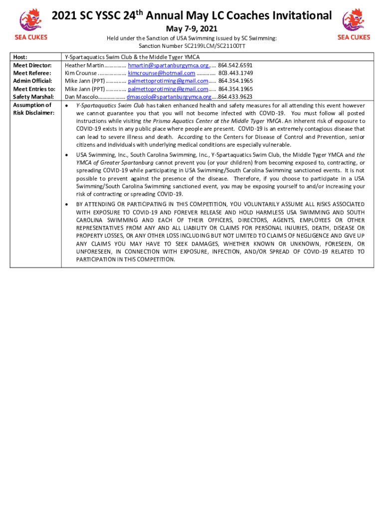 Fillable Online 2021 SC YSSC 24th Annual May LC Coaches Invitational ...