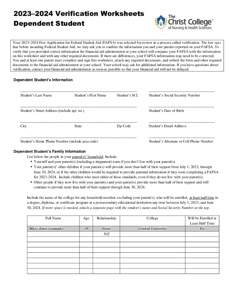 Fillable Online 20232024 Verification Worksheets Fax Email Print - pdfFiller
