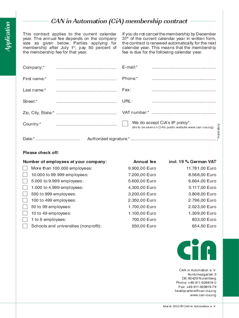 Fillable Online CAN in Automation (CiA) membership contract Fax Email ...