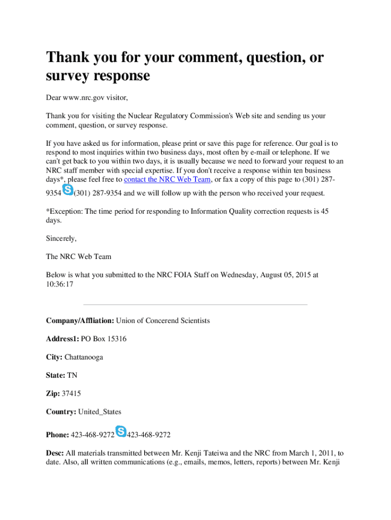 Fillable Online Thank you for your comment, question, or survey ...