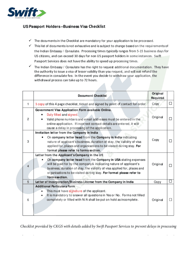 Fillable Online US Passport Holders Business Visa Checklist Fax Email ...