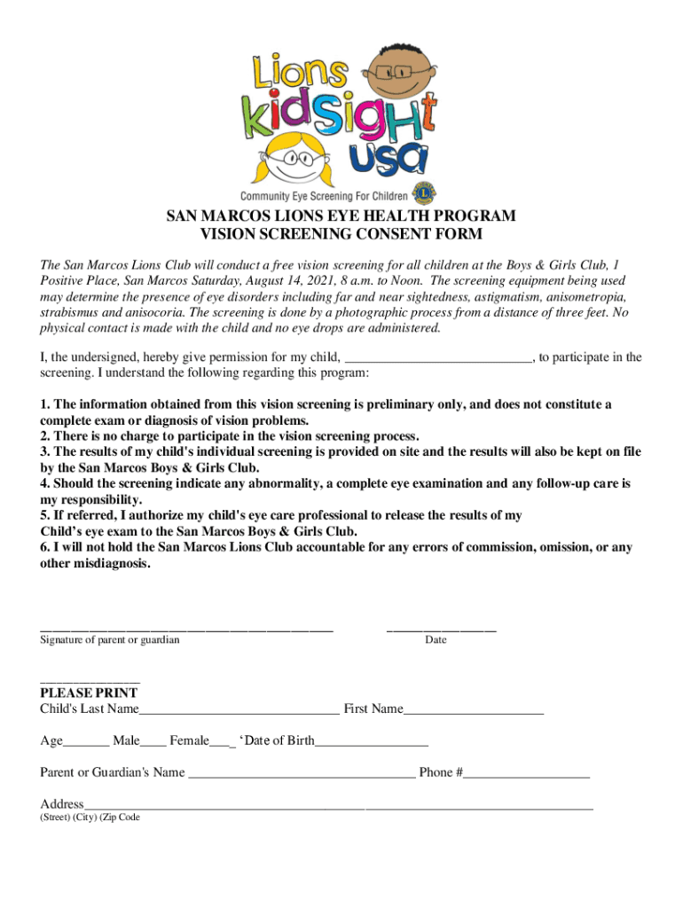 Completable En línea Lions Club Vision Screening Consent Form Fax Email ...