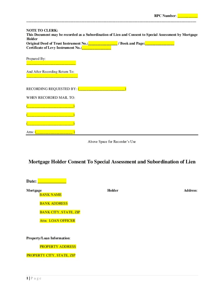 Fillable Online Mortgage Holder Consent To Special Assessment and ...