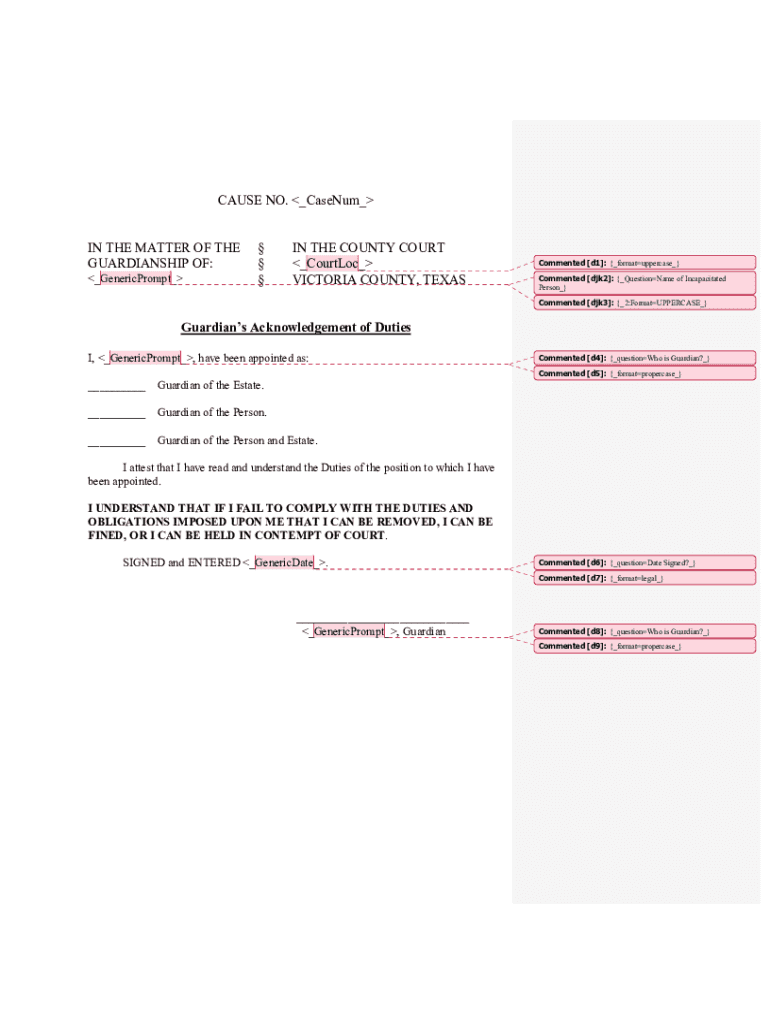 Fillable Online Guardian's Acknowledgement of Duties Fax Email Print ...