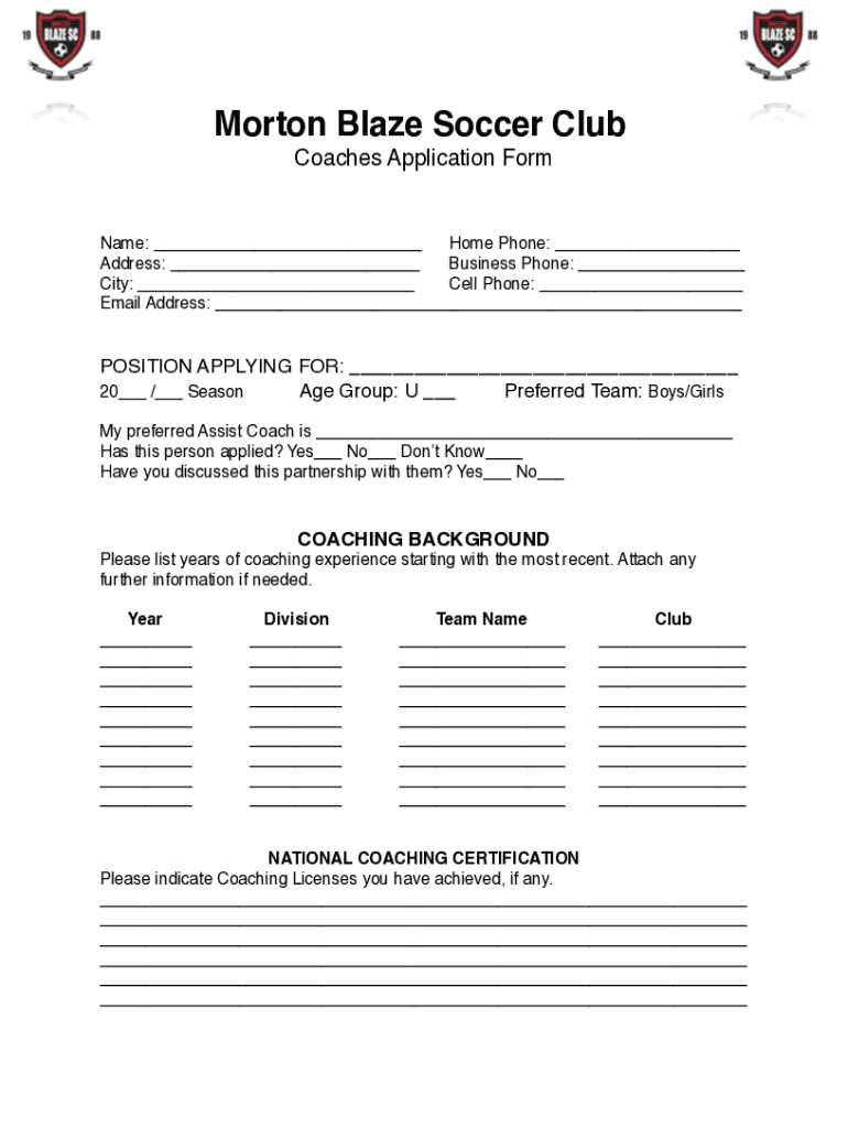 Fillable Online Morton Blaze Soccer Club - Coaches Application Form Fax ...
