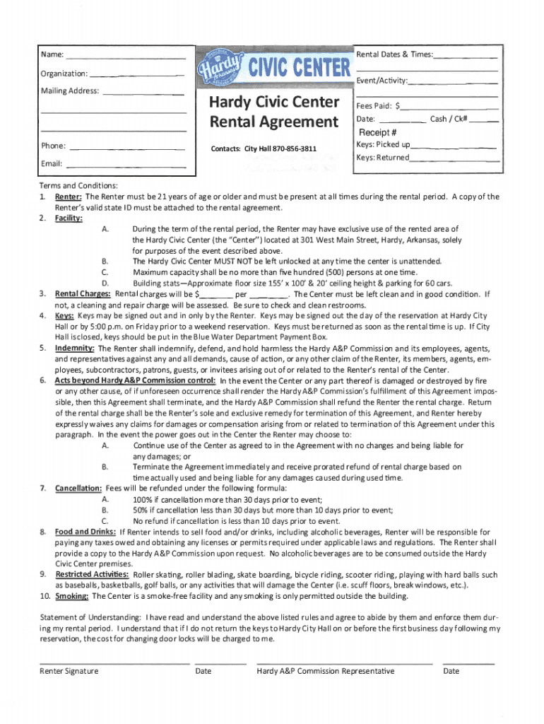 Fillable Online Hardy Civic Center Rental Agreement Fax Email Print ...