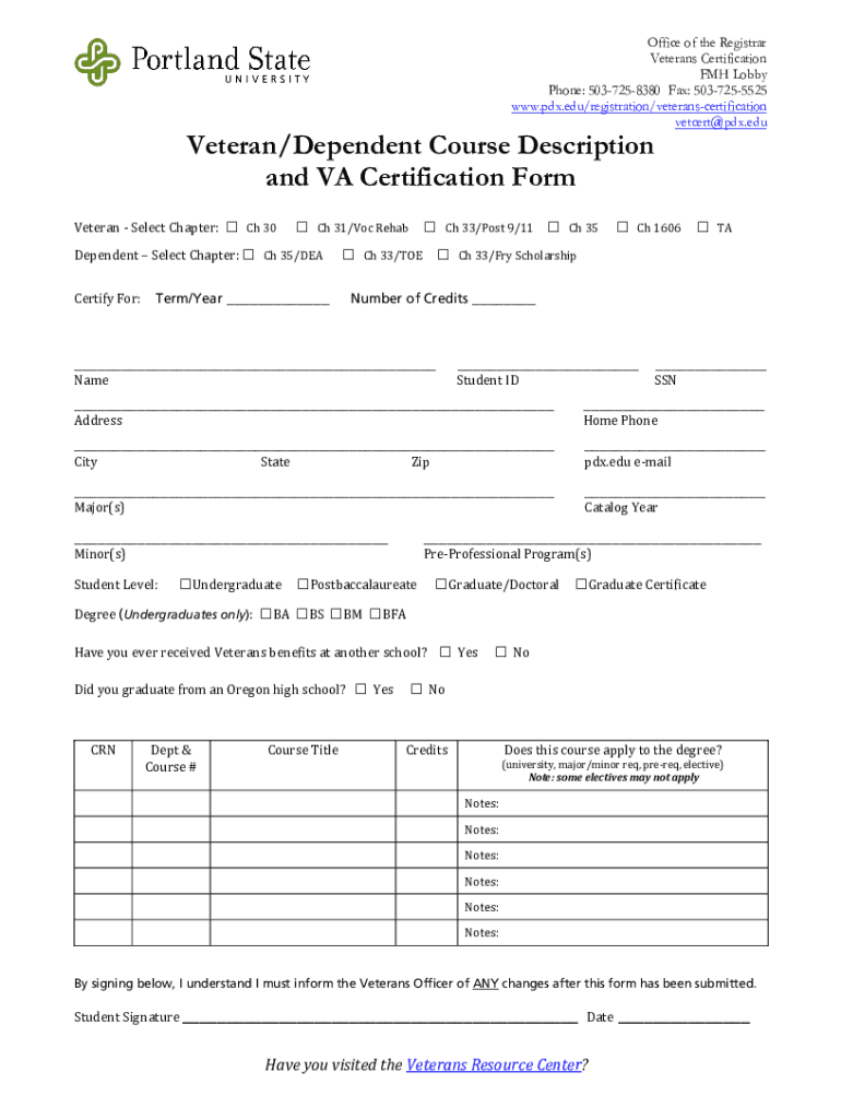 Fillable Online Veteran/Dependent Course Description and VA ...