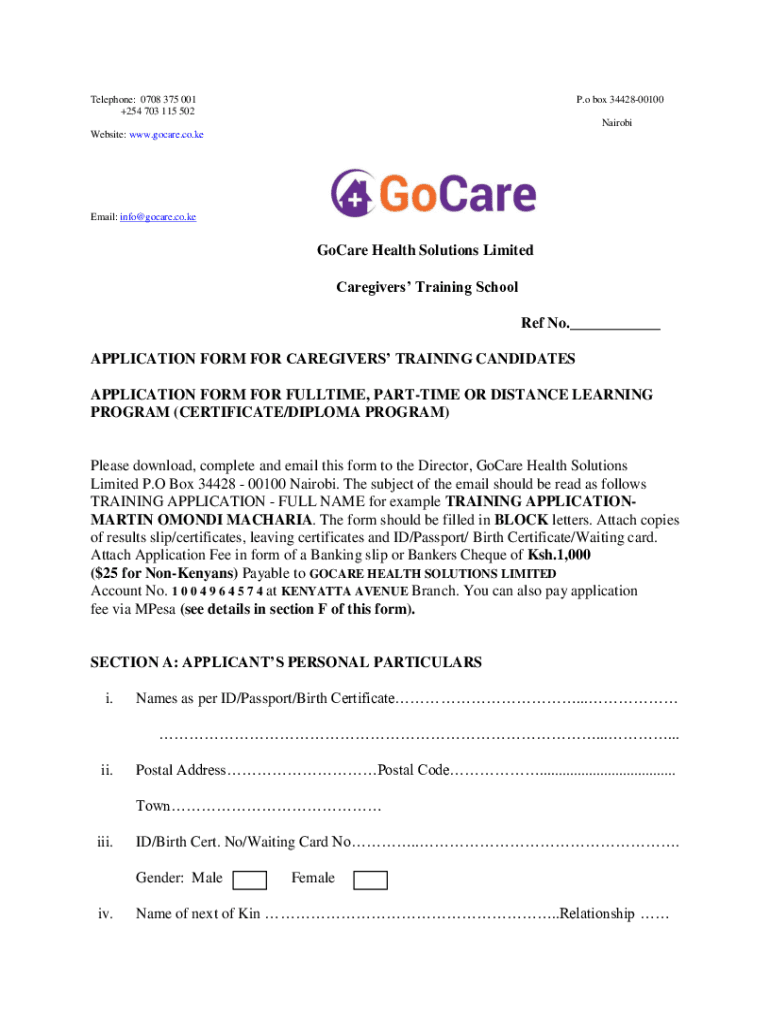 Fillable Online APPLICATION FORM FOR CAREGIVERS' TRAINING C Fax Email Print - pdfFiller