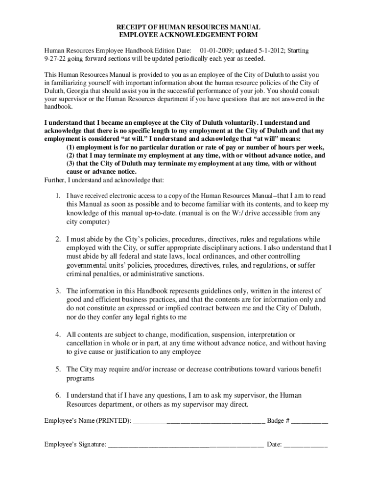 Fillable Online New Employee Acknowledgement Form Fax Email Print ...