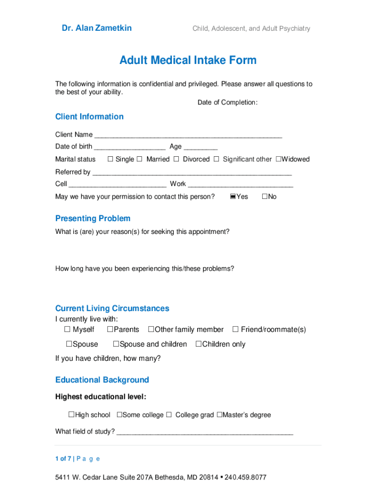 Fillable Online Adult Medical Intake Form Fax Email Print - pdfFiller