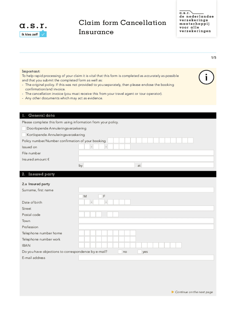 Fillable Online Claim form Cancellation Insurance - ASR Fax Email Print ...