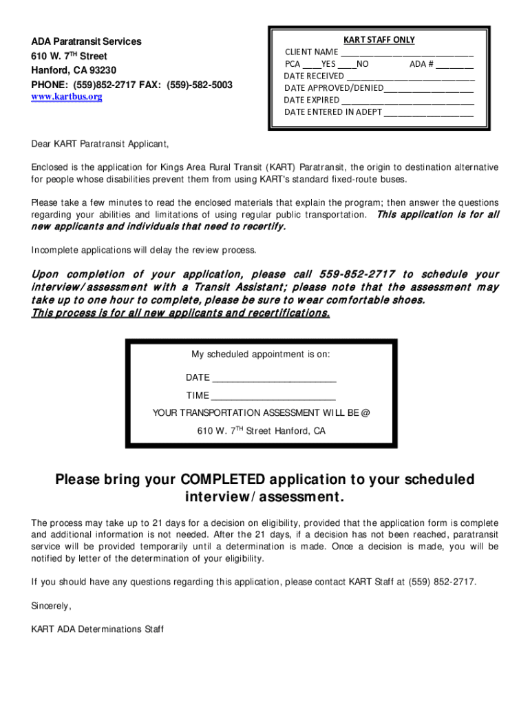 Fillable Online Kings Area Regional Transit: KART Fax Email Print ...